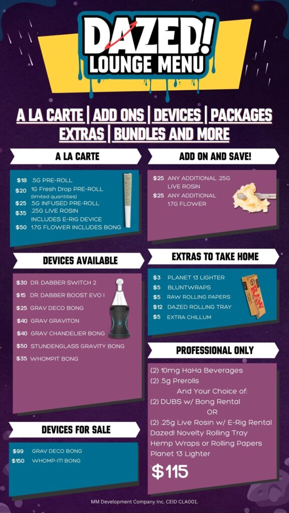 Menu - Dazed - The Best Consumption Lounge in Las Vegas!
